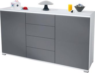 Vladon Sideboard Faro V1 - Kommode mit 2 Türen & 4 Schubladen, Schrank mit LED Lichtleiste, Weiß matt/Anthrazit matt (138,5 x 75,5 x 35)