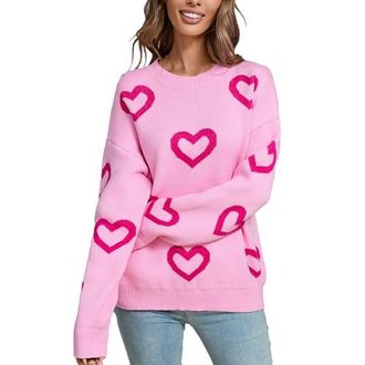 Generic Pull tricot&eacute; pour la Saint-Valentin - Grande taille - Haut &agrave; manches longues - Coupe ample - Doux et confortable - Imprim&eacute; coeur - Pour femme - Chaud 