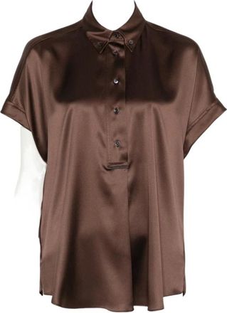 Brunello Cucinelli Femme, Blouses et Chemises, Brun, Taille: 40 FR Chemise &agrave; Manches Courtes en Satin de Soie Stretch avec Monili