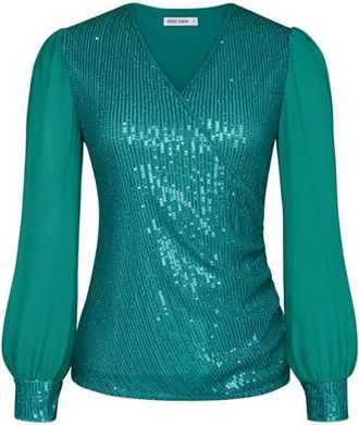 Grace Karin Haut &agrave; paillettes pour femme - Manches longues - Col en V - Paillettes - Chemisier de soir&eacute;e, Vert, S