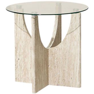 The Home Deco Factory Table dappoint ronde effet travertin et verre PIETRA