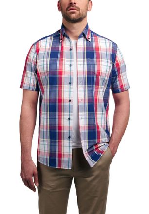 Eterna Regular Fit Casualhemd Kurzarm Button Down Kragen Seersucker Karo rot Größe 40