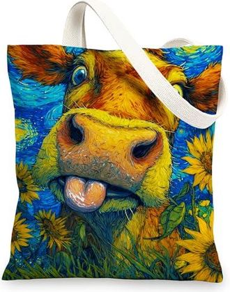 Generic Sacs en toile colorés, motif vache, réutilisables, amusants, légers, lavables avec bandoulière, Avec couleur, 13x15 Inch