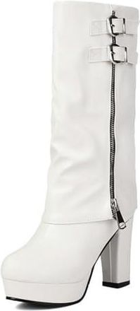 Generic Bottes mi-mollet à plateforme pliable pour femme - Confortables - Bout rond - Talon haut - Fermeture éclair, blanc, 37.5 EU
