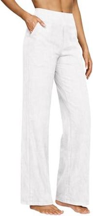 Generic Pantalon de loisirs pour femme en m&eacute;lange de coton et de lin, coupe haute, jambe large, boutonni&egrave;re, jambe droite, pantalon de fitness pour femme, Bla