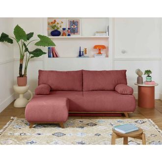 Best Mobilier Bestmobilier - Cristal - 3-sitzer sofa - schlaffunktion und bettkasten und hocker - aus strukturiertem samt - rosa