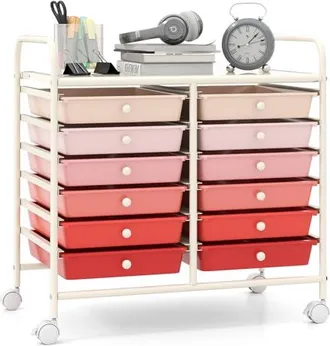Giantex Chariot de Rangement, 12 Tiroirs, roulettes Pratiques, Grande Planche de Travail, Poign&eacute;es Lat&eacute;rales, Glissi&egrave;res Douces, Chariot Polyvalent pour Salon