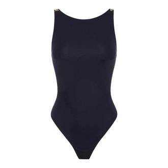 Elisabetta Franchi Body aus Cr&ecirc;pe-Jersey mit Schmuckstein-Logo - - Tops - Damen - Blau - L
