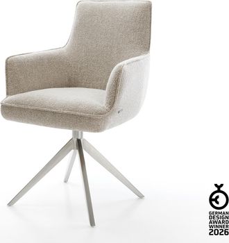 DELIFE Drehstuhl Heira-Flex mit Armlehnen Webstoff Soft Beige Kreuzgestell breit Edelstahl 360&deg; drehbar Wippfunktion Taschenfederkern, Esszimmerst&uuml;hle