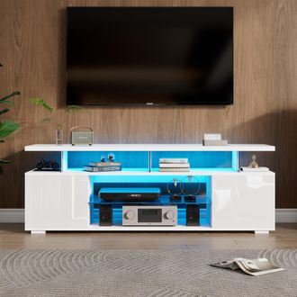 Merax LED TV-St&auml;nder, Hochglanz TV Lowboard TV-Schrank mit geh&auml;rtetem Glas und Stauraum f&uuml;r 60 Zoll Fernseher, Gaming TV-M&ouml;bel, universeller Medienst&auml;nder i