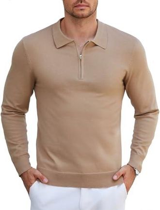 Coofandy Jersey Para Hombre Con Cremallera de Un Cuarto Jersey de Polo Ligero Jersey de Negocios Para el Ocio Caqui M