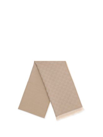 Gucci Womens Gg Supreme Embroidered Wool Scarf Camel-Ivory Ovis Aries Camel/ivory Scarfs