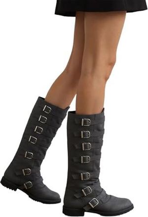 Generic Bottes mi-mollet mode pour femme avec ceinture d&eacute;corative britannique id&eacute;ales pour les soir&eacute;es et un style &eacute;l&eacute;gant quotidien (Black, 48)