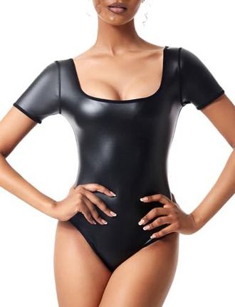 Feoya Combinaison en Cuir PU pour Femmes Sexy Jumpsuit &agrave; Manches Courtes Sport Yoga Jumpsuit Une Pi&egrave;ces PU Clubwear Combinaison Justaucorps Triangulaire Noi