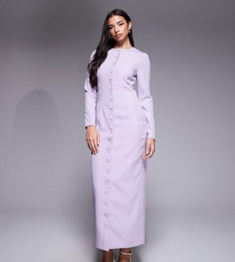 KAIIA Exclusive - Elegantes lang&auml;rmliges Maxikleid in Flieder mit Knopfleiste-Lila