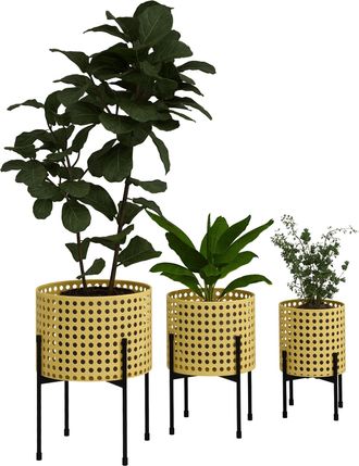 OUTSUNNY 3er-Set Pflanzenst&auml;nder Blumenst&auml;nder mit Rattanoptik Pflanzenhocker Blumenhocker f&uuml;r Innen und Au&szlig;enbereich Stahl Gold