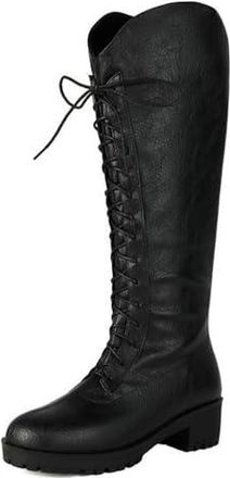 Generic Bottes de combat montantes à lacets pour femme - Large mollet - Plateforme épaisse - Bout rond - Chaussures de moto, Noir, 39.5 EU