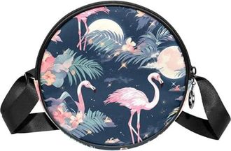 Generic Sac &agrave; bandouli&egrave;re rond pour femme, motif flamants roses, petit sac &agrave; bandouli&egrave;re avec fermeture &eacute;clair, bretelles r&eacute;glables, sac &agrave; main rond d&eacute;contrac