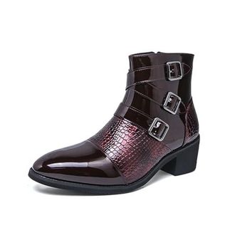 Generic Bottines Chelsea en cuir verni pour homme avec fermeture &eacute;clair et boucle - Bout pointu - Bottes de combat confortables et d&eacute;contract&eacute;es, rouge vin, 3