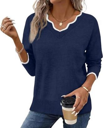 TOMWELL Pull Femme Chic Chaud Couleur Unie Pullover Automne Hiver Manche Longue Sweater A Bleu Marine XXL