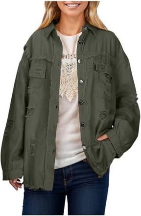 Generic Vestes classiques pour femmes, veste en jean de couleur unie, mi-longue, style vieilli, &agrave; manches longues, manteau en jean d&eacute;contract&eacute; 2026, vert mili