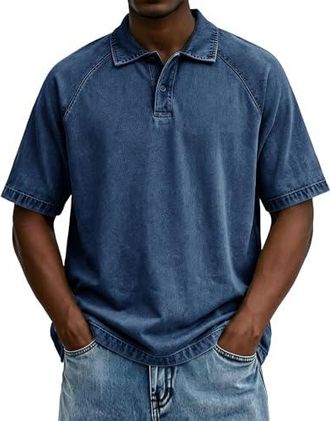 Generic Polo vieilli pour homme en coton d&eacute;lav&eacute; &agrave; manches courtes avec boutons - Pull vintage &agrave; col &agrave; revers - Confortable - Doux &agrave; porter - &Eacute;vacuation de lhu