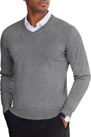 Coofandy Strickpullover Herren V Ausschnitt Pullover Business Strickpullover Warmer Winterpullover Einfarbig Regular Fit Feinstrickpullover Hellgrau XXL