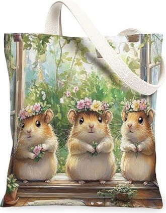 Generic Sac fourre-tout en toile motif hamster printanier pour faire du shopping, 33 x 38,1 cm, motif animal en pot, sac d&eacute;picerie r&eacute;utilisable pour femme, pe