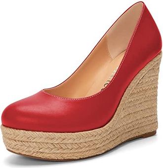 Castamere Femmes Haut High Talon Heel Compensé Plate-Forme Rond Bout Escarpins Slip-on Classique Cute Bureau Chaussures Rouge 37 EU