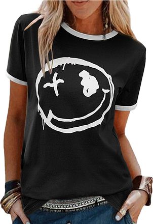 Heekpek Lonya Tshirt Damen Sommer Kurzarm Rundhals T-Shirt Top L&auml;ssig L&auml;chelgesicht Gedruckt Oberteile Bluse Tee Shirts Schwarz,XL