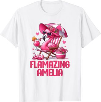 BDAZ Flamazing Amelia Pink Flamingo Tropical Beach Trip Damen T-Shirt