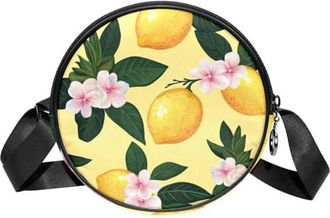 Generic Sac &agrave; bandouli&egrave;re circulaire pour femme, motif fleur de citron, petit sac &agrave; bandouli&egrave;re avec fermeture &eacute;clair, bretelles r&eacute;glables, sac &agrave; main rond d&eacute;