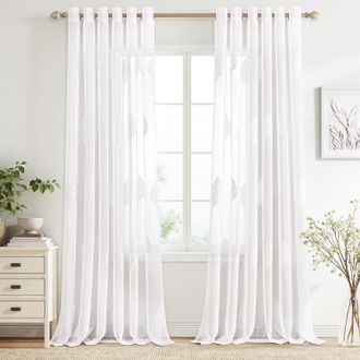 Miulee Wohnzimmer Gardinen Transparent mit Weiss Bl&auml;tter Muster, Modern Stickerei Gardinen &Ouml;sen f&uuml;r Schlafzimmer Deko, 2er Set Sch&ouml;ne Bl&auml;tter Muster Vorhang 