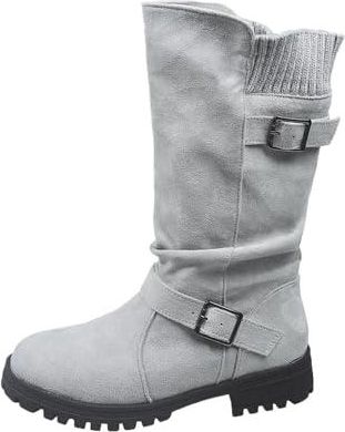 Generic Bottes mi-mollet d&eacute;contract&eacute;es &agrave; bout rond pour femme - &Eacute;l&eacute;gantes - Col en tricot - Boucle - Talon bas - Confortables - Coupe large - Pour lautomne et