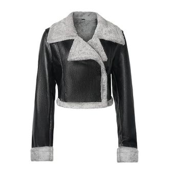 Generic Veste en similicuir doublé en polaire avec bordure en fourrure pour femme - Manteau décontracté à revers court épais, Gris 9., XS