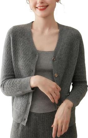 Generic Cardigan dhiver en cachemire pour femme, col en V, petit style parfum&eacute;, veste amincissante en tricot, gris, Taille XS
