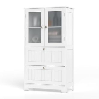 Giantex Meuble Salle de Bain Rangement, 2 Grands Tiroirs, 2 Portes en Verre Tremp&eacute;, Armoire Salle de Bain, &Eacute;tag&egrave;re R&eacute;glable, 60 x 30 x 108 cm, Meuble de Range