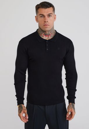 Siksilk Herren Schwarzes Langarm-Strick-Polo-T-Shirt XXL