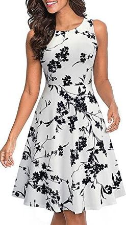 Homeyee Robe de Cocktail au Genou brodée Florale sans Manches à col Ras du Cou pour Femme UKA079 (EU 42 = Size XL, Blanc + Noir)