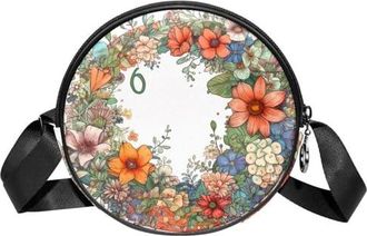 Generic Petit sac &agrave; bandouli&egrave;re rond pour femme, motif floral avec lettre O, sac &agrave; dos avec fermeture &eacute;clair, bretelles r&eacute;glables, sac &agrave; main rond d&eacute;contract&eacute;