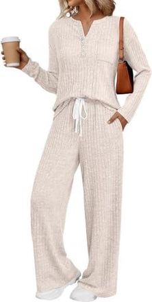 TOMWELL Pyjama Femme Hiver Ensemble Chic et Elegant Manches Longue Shirt et Pantalon &agrave; Jambes Larges A Beige S