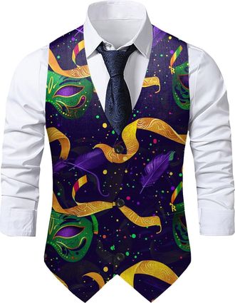 Generic Herren Weste Karneval Kost&uuml;m Bunt Bedruckt Masken Muster Anzugweste V-Ausschnitt Fasching Party Outfit Venedig Themenparty Herrenweste f&uuml;r B&uuml;hne Umzug