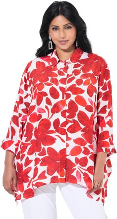 Ulla Popken Damen große Größen Übergrößen Plus Size Bluse, Blüten, Zipfelsaum, Hemdkragen, 3/4-Arm paprikarot 50+ 840000520-50+