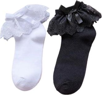 Generico Chaussettes cheville &agrave; volants en dentelle douce, chaussettes en coton r&eacute;tro pour femme (2 paires), Mixed Packing 2, Taille Unique