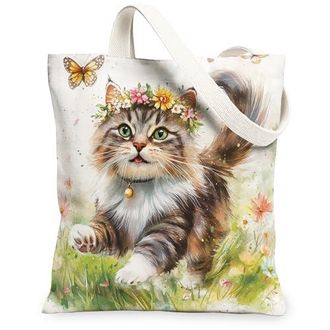 Generic Sac fourre-tout en toile motif chats sib&eacute;riens printaniers 33 x 38 cm, motif papillons amusants, sac d&eacute;picerie r&eacute;utilisable pour femme, animal domesti