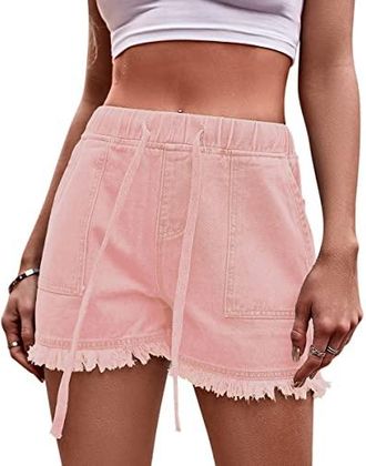 ORANDESIGNE Short en Jean Femme Taille Haute Pantalon Court Été Chic Et Elegant Shorts Denim Casual Mode Ample Bermuda en Jean Pants Pantalon Frange Rose L