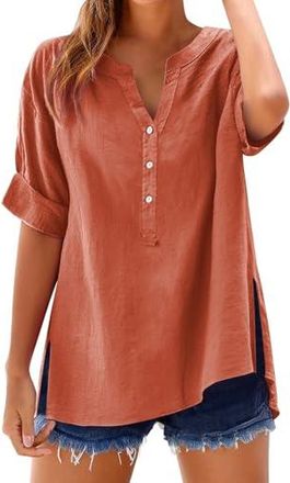 Generic Haut en lin pour femme - Couleur unie - Col montant - Manches longues - Chemisier d&eacute;t&eacute; en coton &agrave; manches longues - Haut surdimensionn&eacute; Lagenlook - Ha