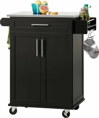 SoBuy Desserte de Cuisine à Roulettes, Chariot de Service avec Plateau en Acier Inox, 1 Tiroir, 1 Porte, Tablettes Réglables, Étagère à Épices