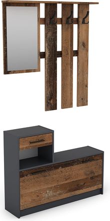 Byliving Garderoben-Set Tamina/Kommode mit Schuhschrank + hängende Garderobe mit Spiegel/anthrazit Flur-Schrank/Schränke/Regal Braun-Old Style B 97, H 190, T 2