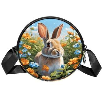 Generic Petit sac &agrave; bandouli&egrave;re circulaire pour femme, motif floral, lapin, sac &agrave; dos &agrave; bandouli&egrave;re avec fermeture &eacute;clair, bretelles r&eacute;glables, sac &agrave; main ron